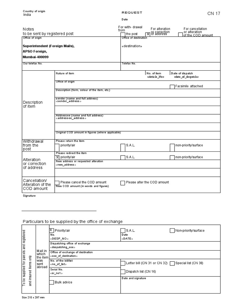 CN 17 Form Request for India Post | PDF | Mail | Communication