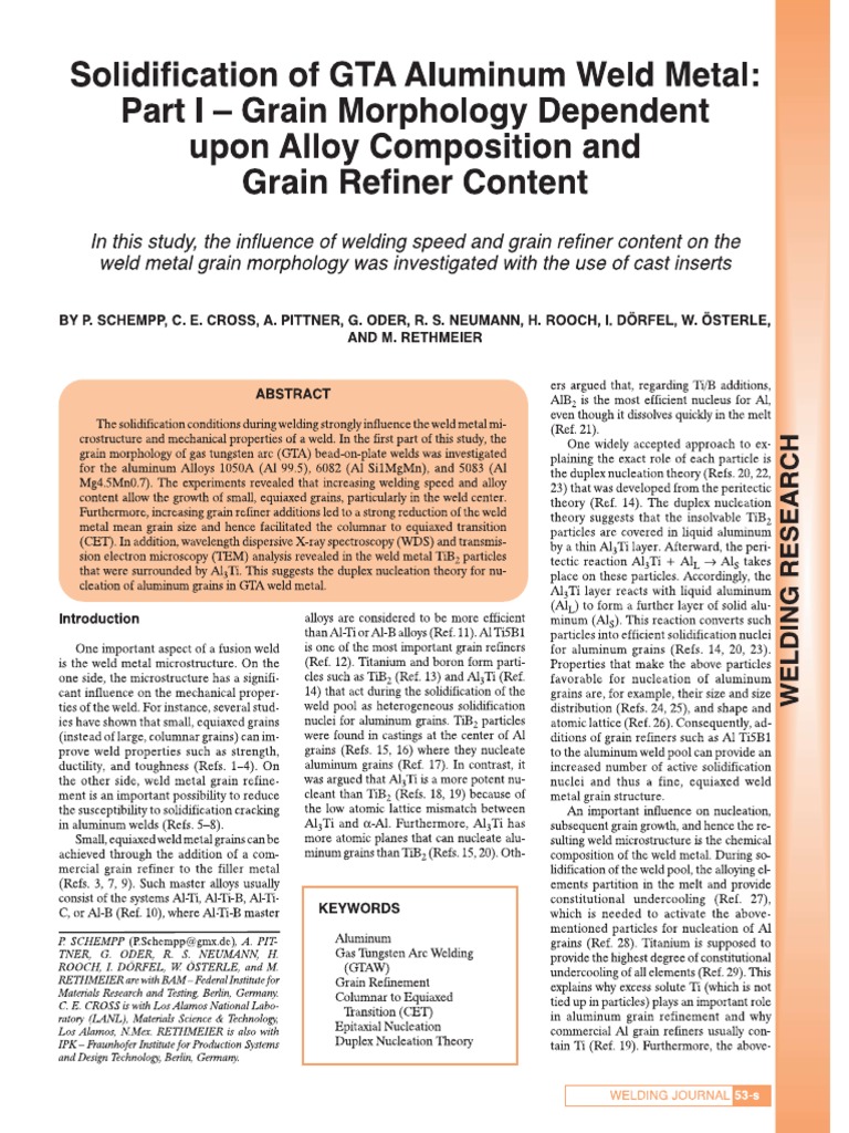 Solidification of GTA Aluminum Weld Metal - Part I - Grain Morphology ...