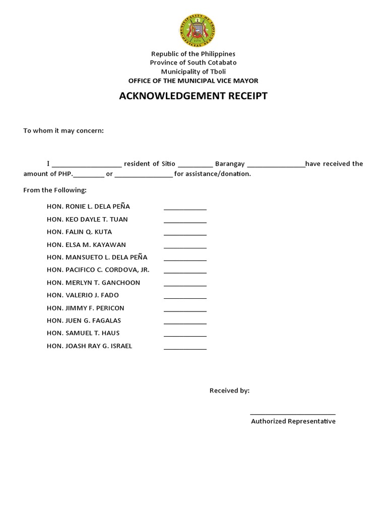 Tboli Municipal Vice Mayor Acknowledgment Receipt | PDF