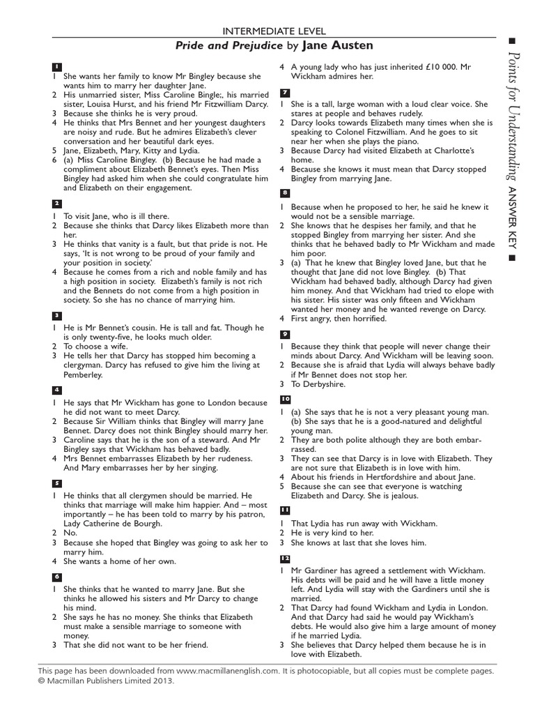 Pride Prejudice Points For Understanding Answer Key | PDF | Mr. Darcy ...