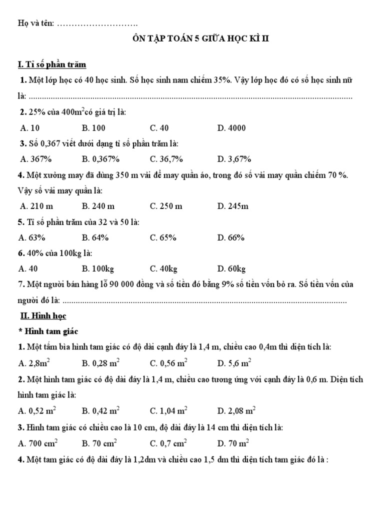 De Cuong On Tap Giua Hoc Ki 2 Toan Lop 5 | PDF