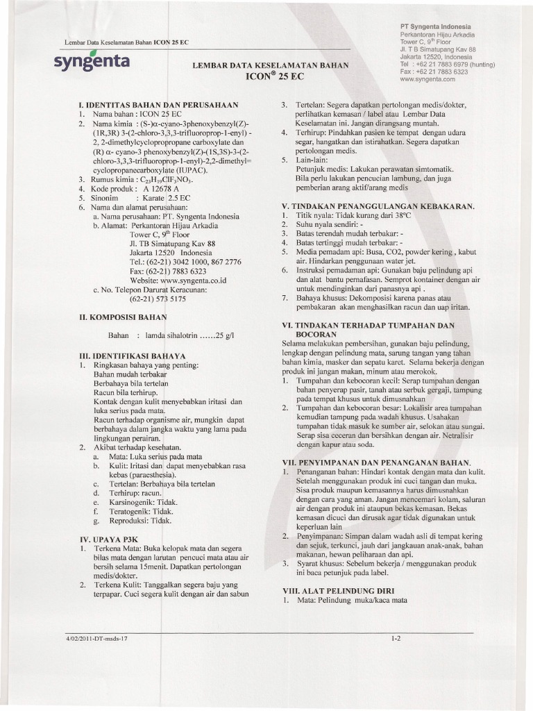 Lembar Data Keselamatan Bahan Pestisida ICON 25 EC | PDF