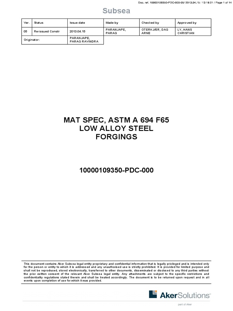 Mat Spec, Astm A 694 F65 Low Alloy Steel Forgings: Subsea | PDF | Heat ...