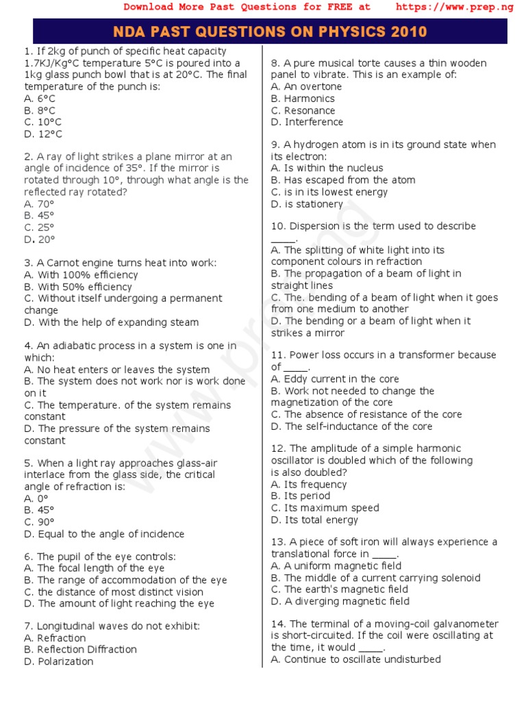 WWW - Prep.ng: Nda Past Questions On Physics 2010 | PDF | Waves | Force