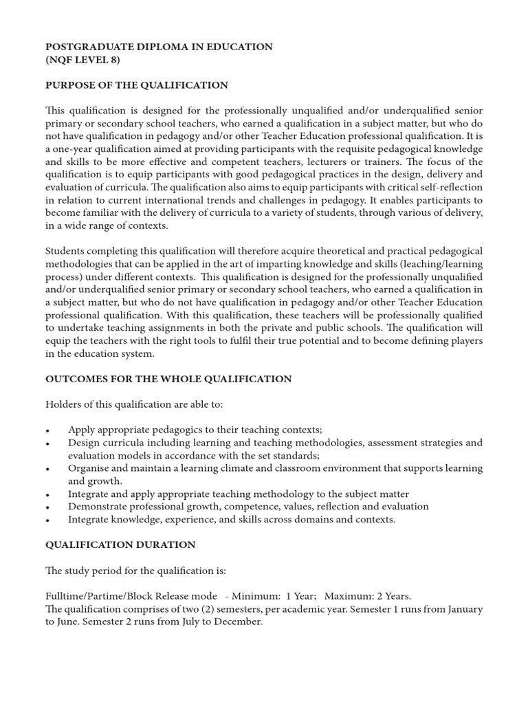 Postgraduate Diploma in Education (NQF Level 8) Purpose of The ...