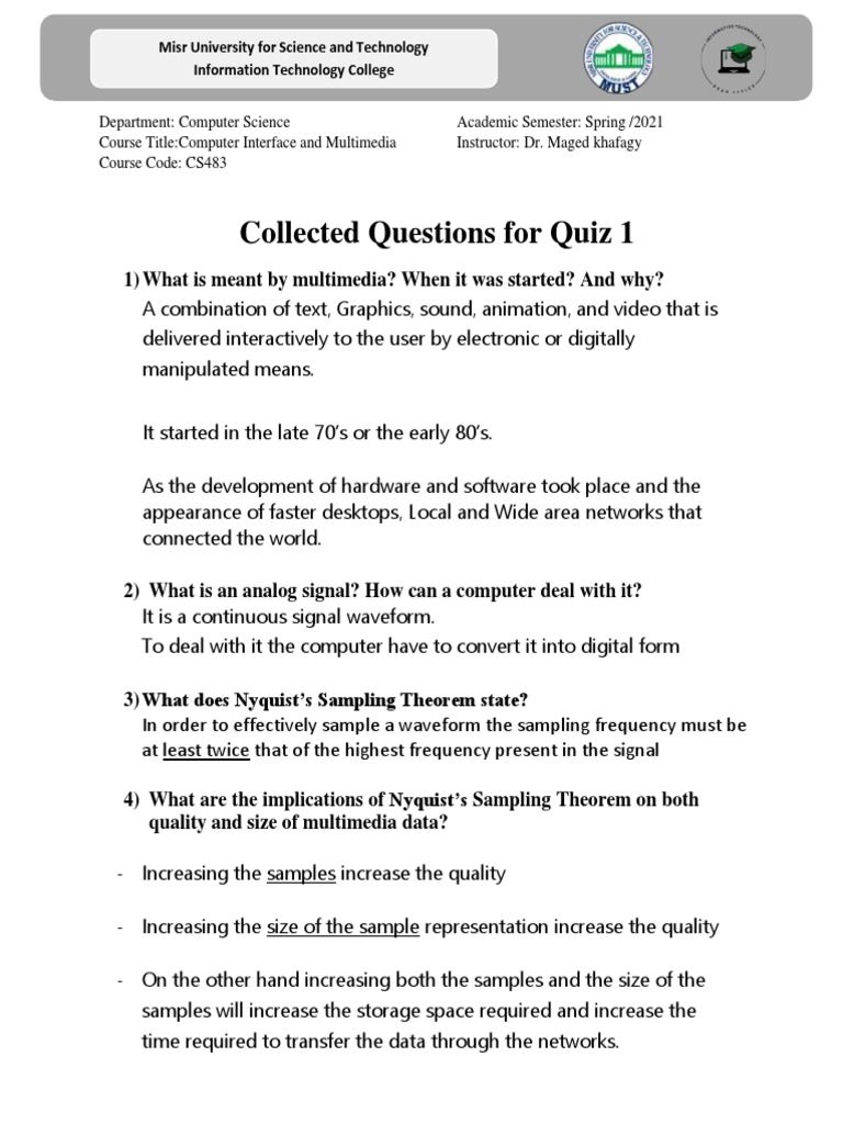 Collected Questions For Quiz 1 | PDF | Data Compression | Sampling (Signal Processing)