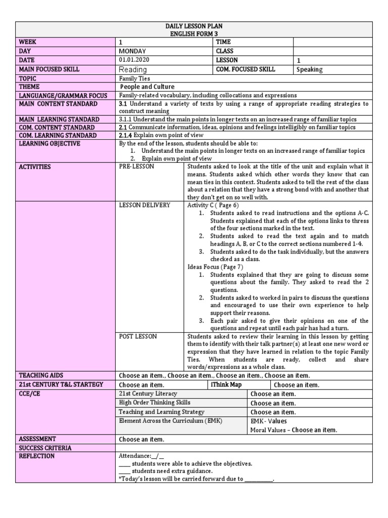 Unit 1 Family Ties | PDF | Lesson Plan | Curriculum