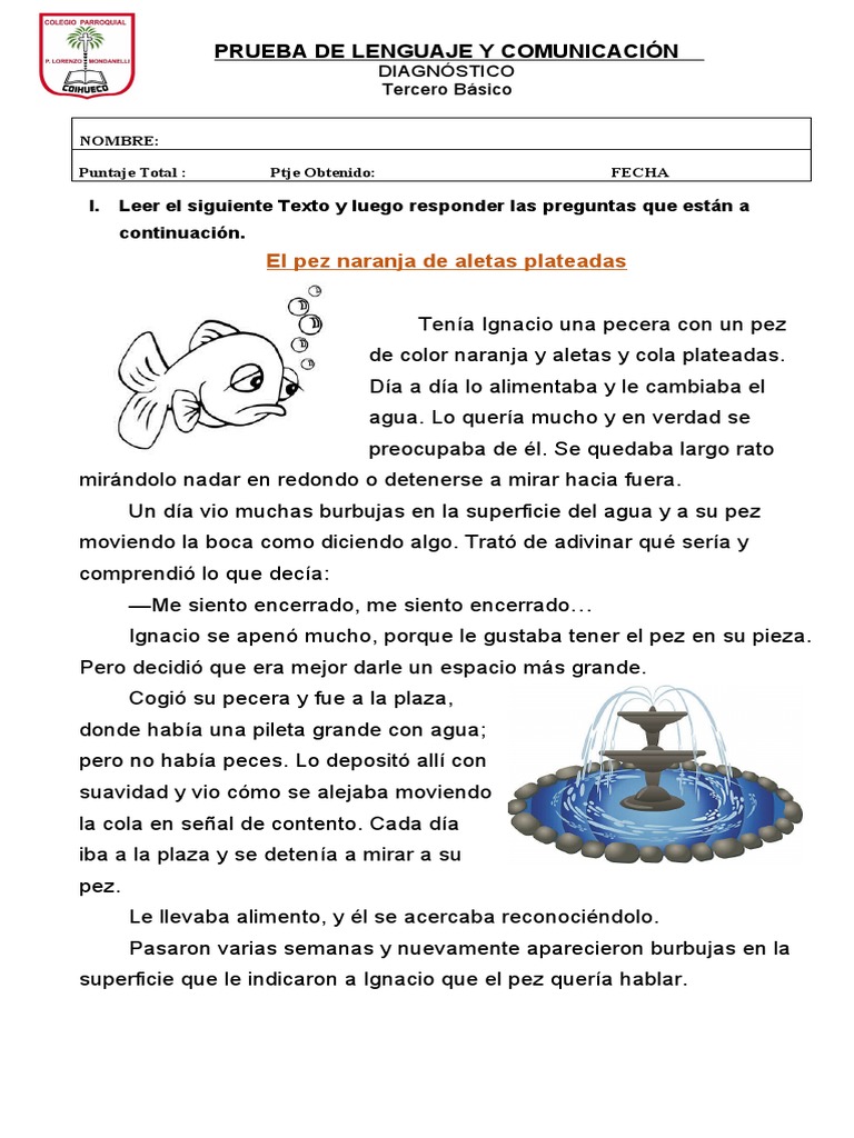 Prueba Diagnóstico Lenguaje y Comunicación Tercero Versión 2 | PDF ...