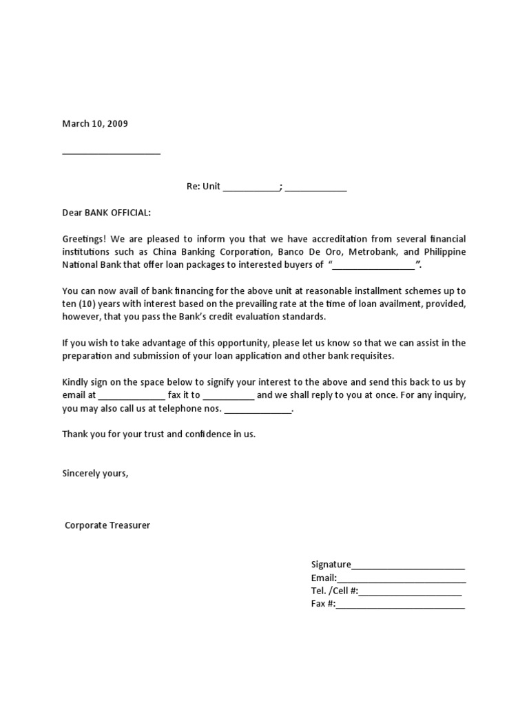 Sample Letter For Bank Loan | PDF