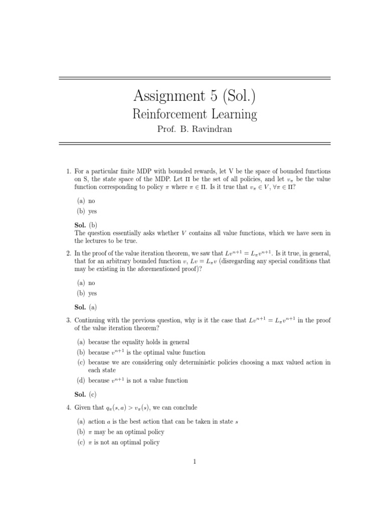 Assignment 5 (Sol.) : Reinforcement Learning | PDF | Monte Carlo Method | Algorithms
