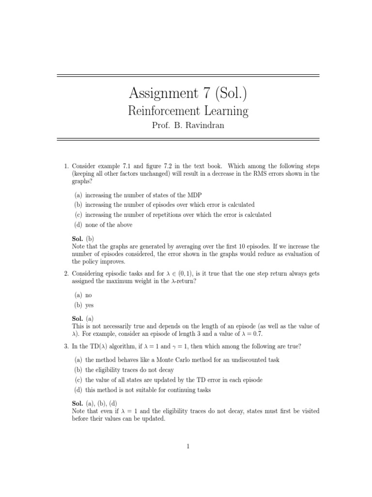 Assignment 7 (Sol.) : Reinforcement Learning | PDF | Cybernetics | Computer Science