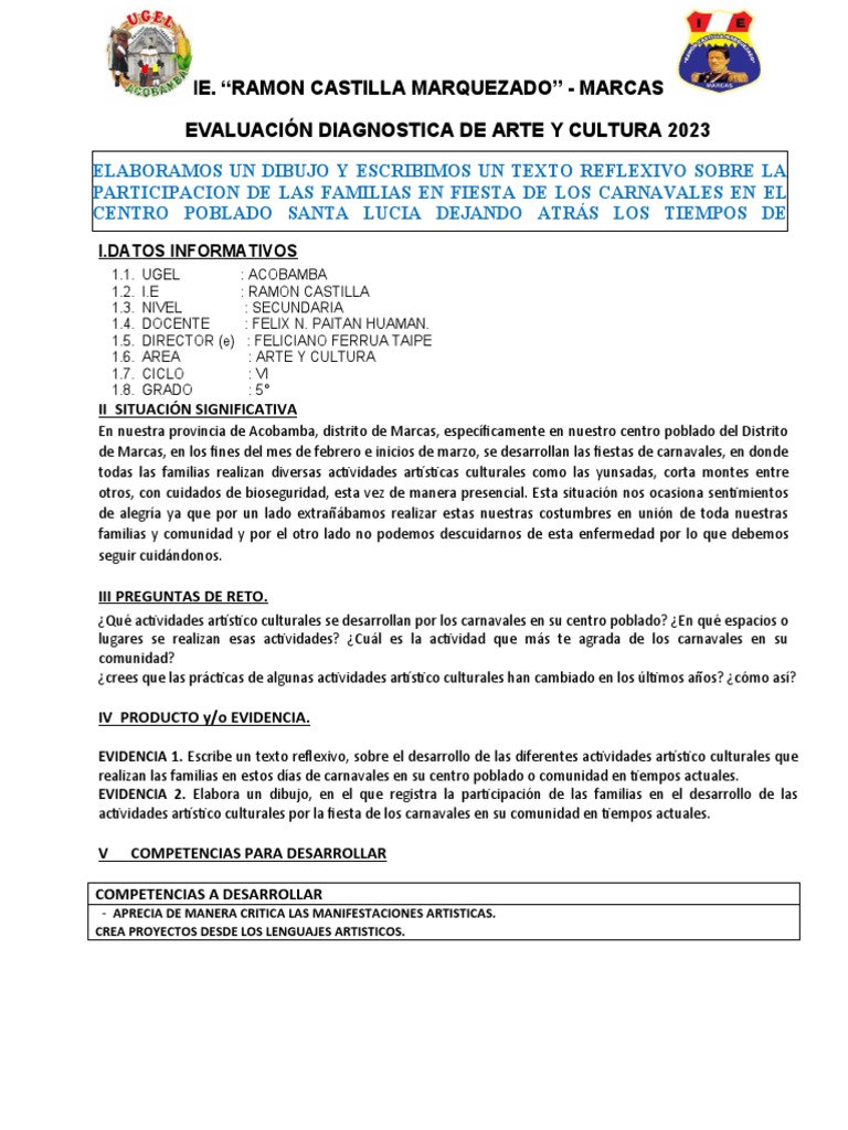 Ficha De Evaluacion Diagnostica Arte Y Cultura 2022 Descargar Gratis 0490
