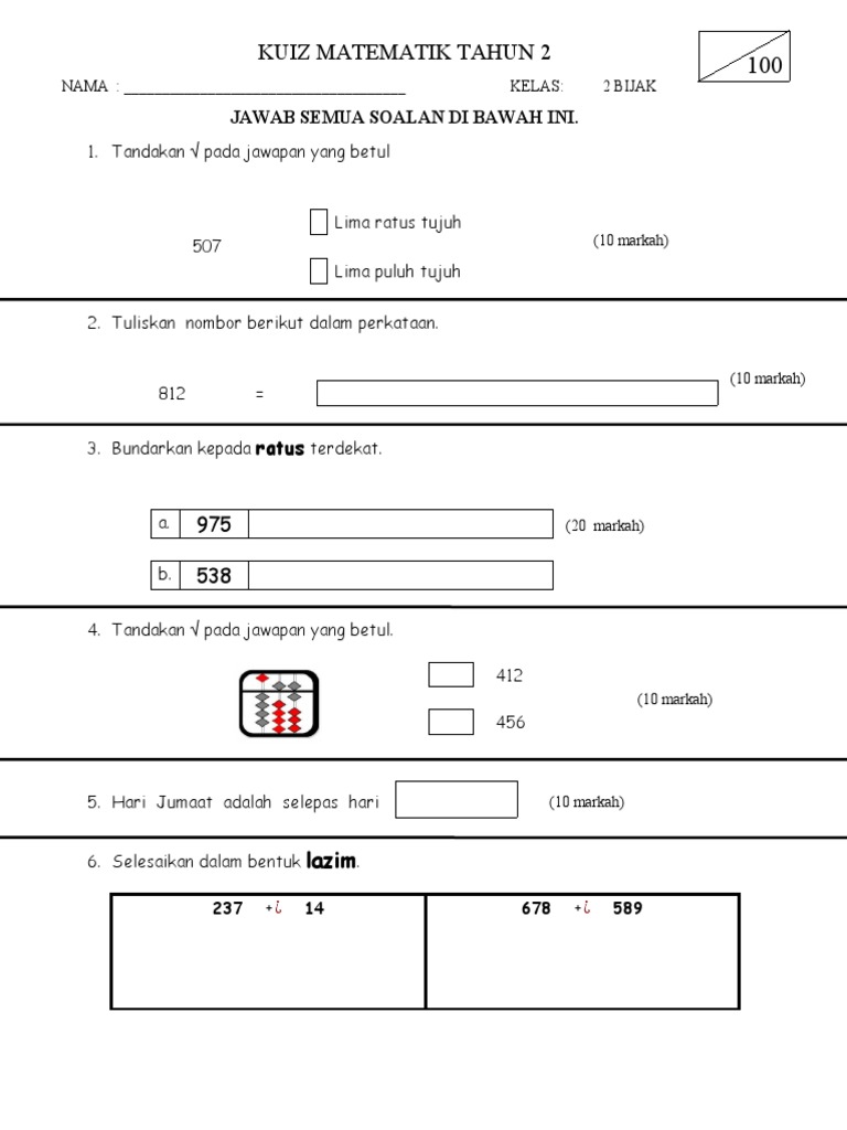 KUIZ MATEMATIK TAHUN 2 | PDF
