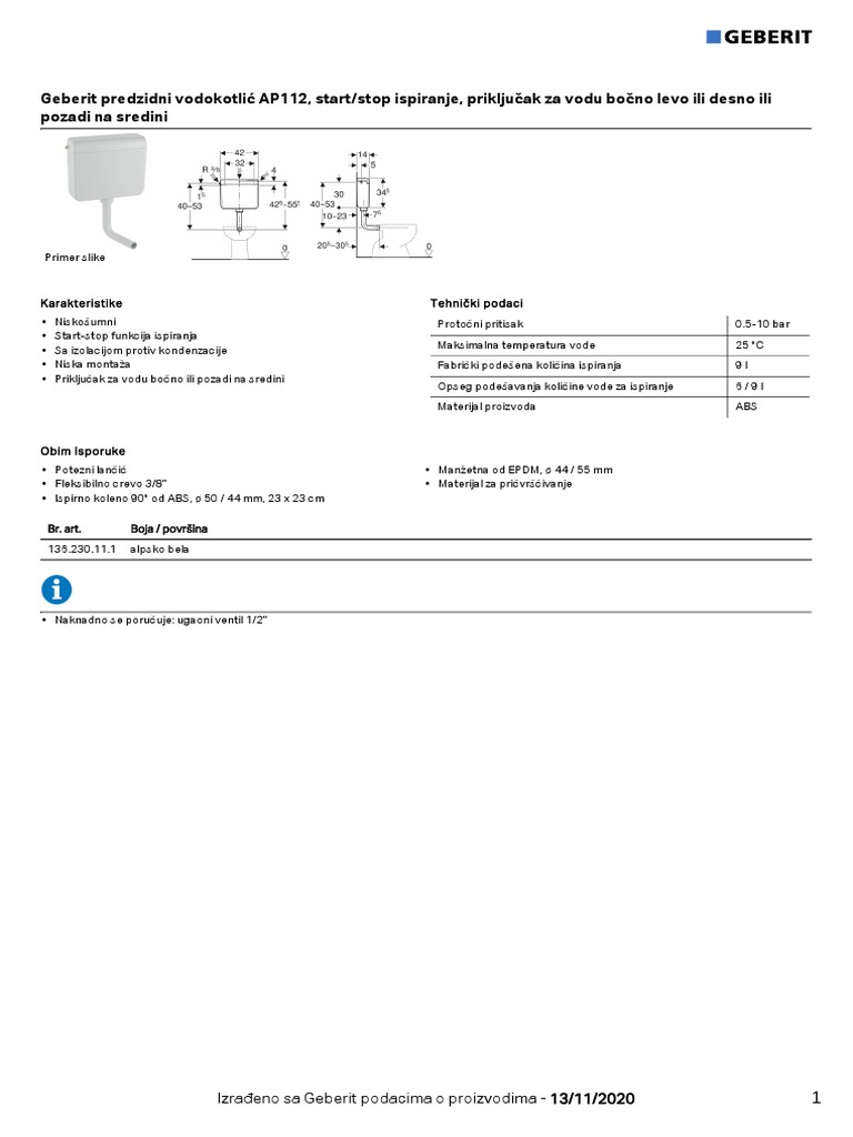 Geberit Predzidni Vodokotlić AP112, Start/stop Ispiranje, Priključak Za Vodu Bočno Levo Ili ...