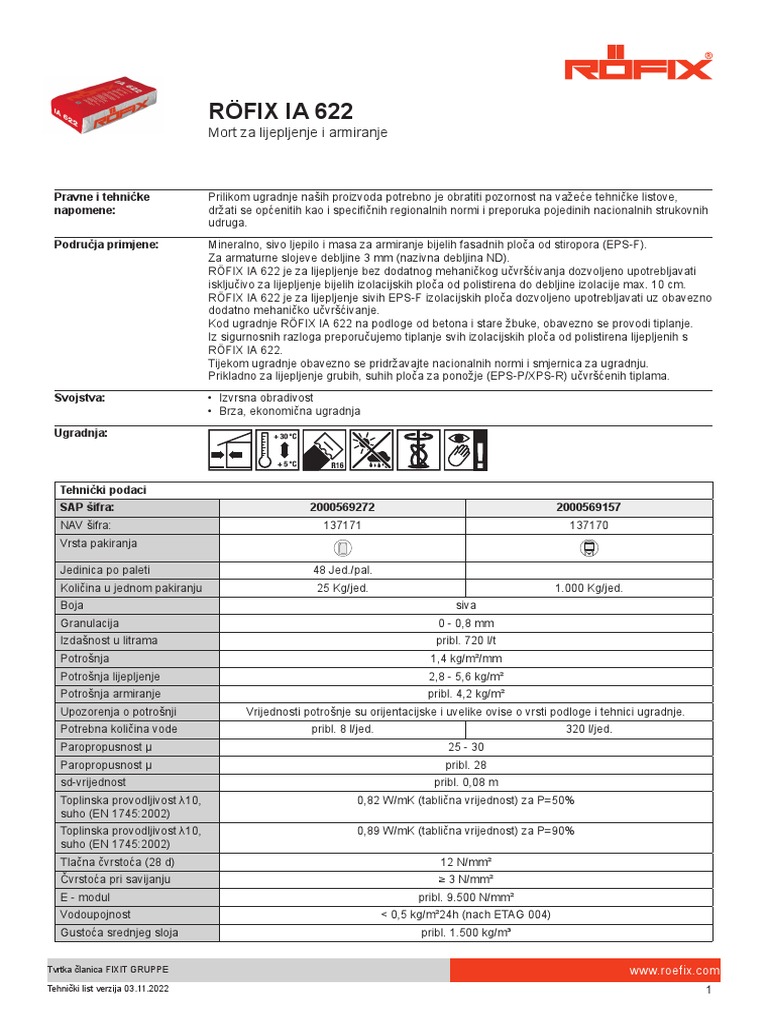 TL RÖFIX IA 622 Mort Za Lijepljenje I Armiranje HR | PDF