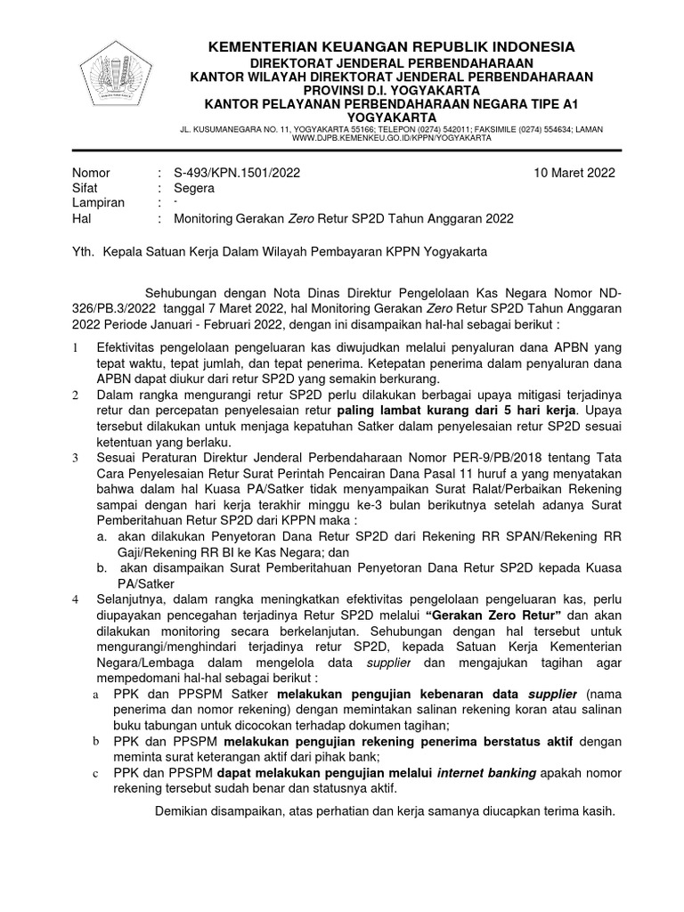 S-493 - KPN.1501 - 2022 Monitoring Gerakan Zero Retur SP2D TA 2022 | PDF