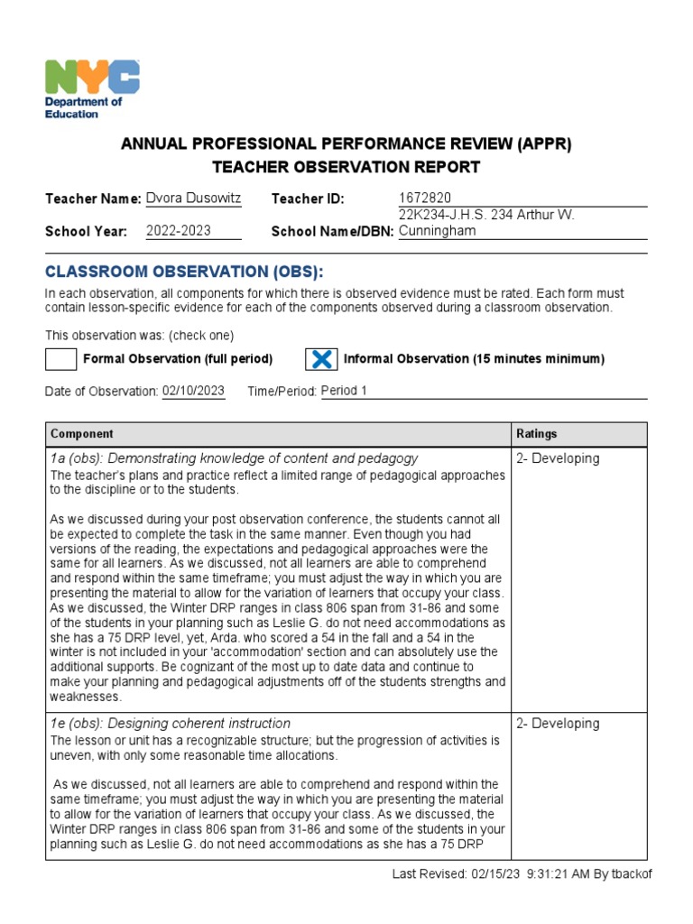 Dusowitz 2022-2023 Informal Observation 3 | PDF | Teachers | Pedagogy