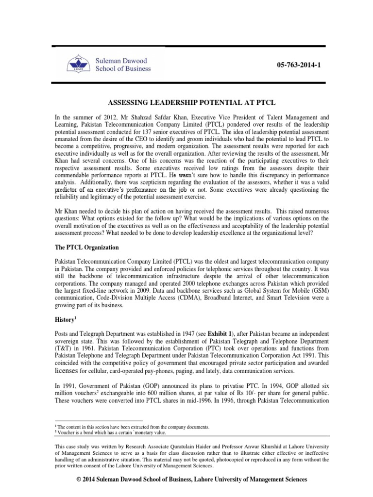 Assessing Leadership Potential at PTCL | PDF