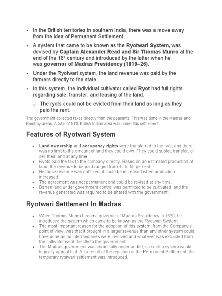 Features of Ryotwari System: Land Ownership and Occupancy Rights Were ...