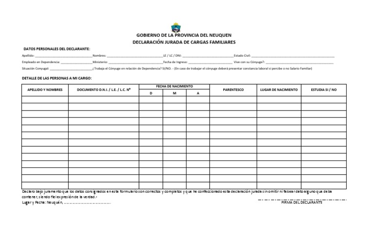 Declaracin Jurada de Cargas Familiares (Planilla Apaisada) - 1 | PDF