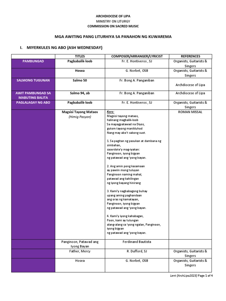 Mga Awiting Pang Liturhiya Sa Panahon NG Kuwarema I. Miyerkules NG Abo ...