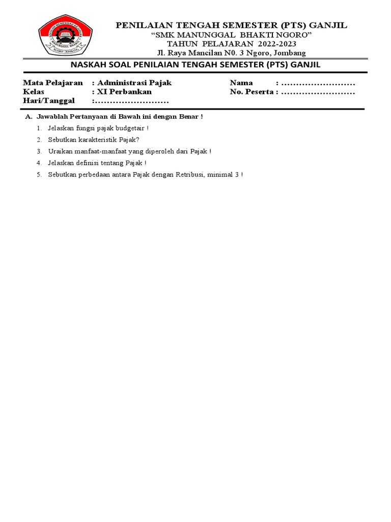 Uraian SOAL PTS GANJIL Adm. Pajak XI 2022-2023 | PDF