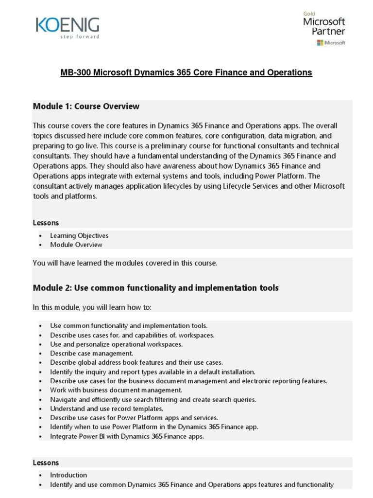 MB-300 Microsoft Dynamics 365 Core Finance and Operations: Module 1: Course Overview | PDF ...