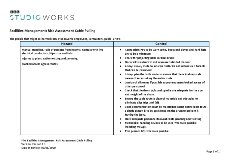 Facilities Management: Risk Assessment Cable Pulling | PDF | Labor ...