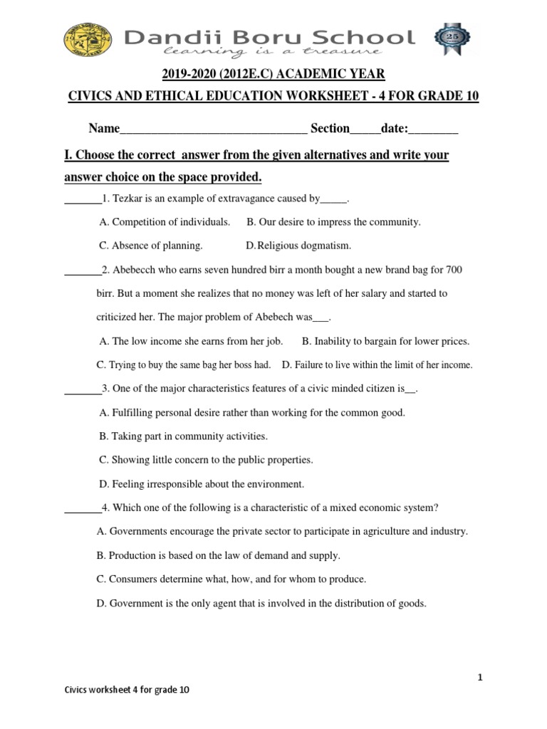 CIVICS WORKSHEET 4 For g-10 | PDF | Economics | Economies