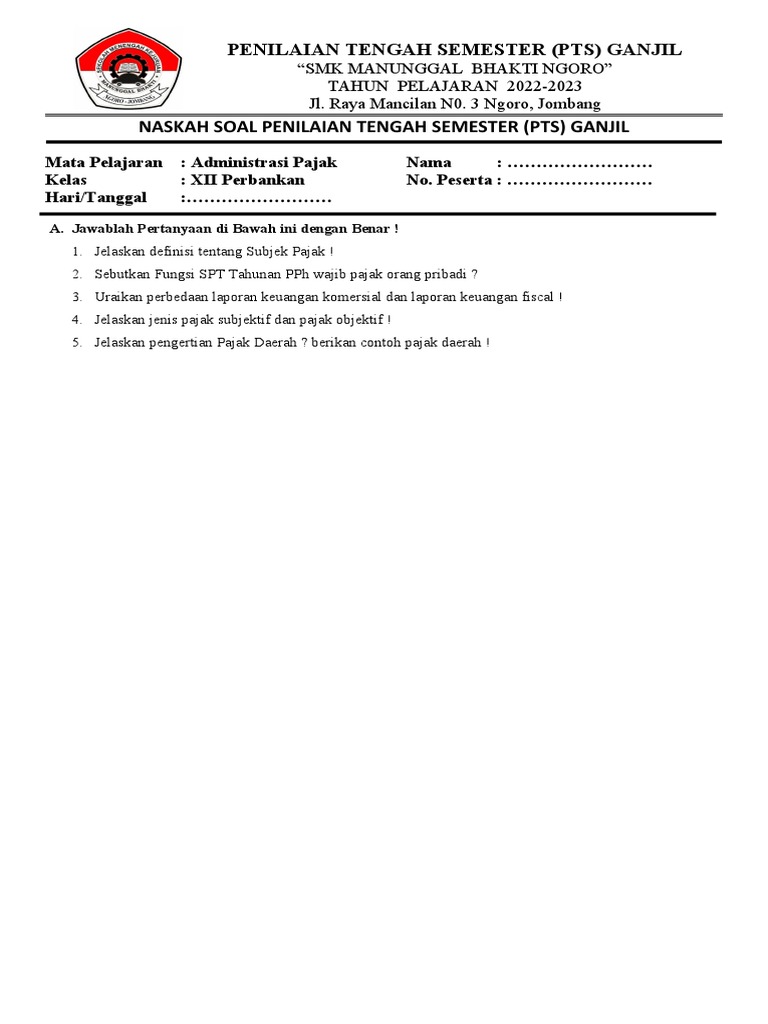 Uraian SOAL PTS GANJIL Adm. Pajak XII 2022-2023 | PDF