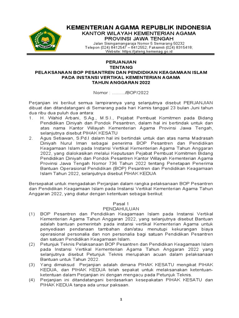 PERJANJIAN PELAKSANAAN BOP PESANTREN DAN PENDIDIKAN KEAGAMAAN ISLAM | PDF