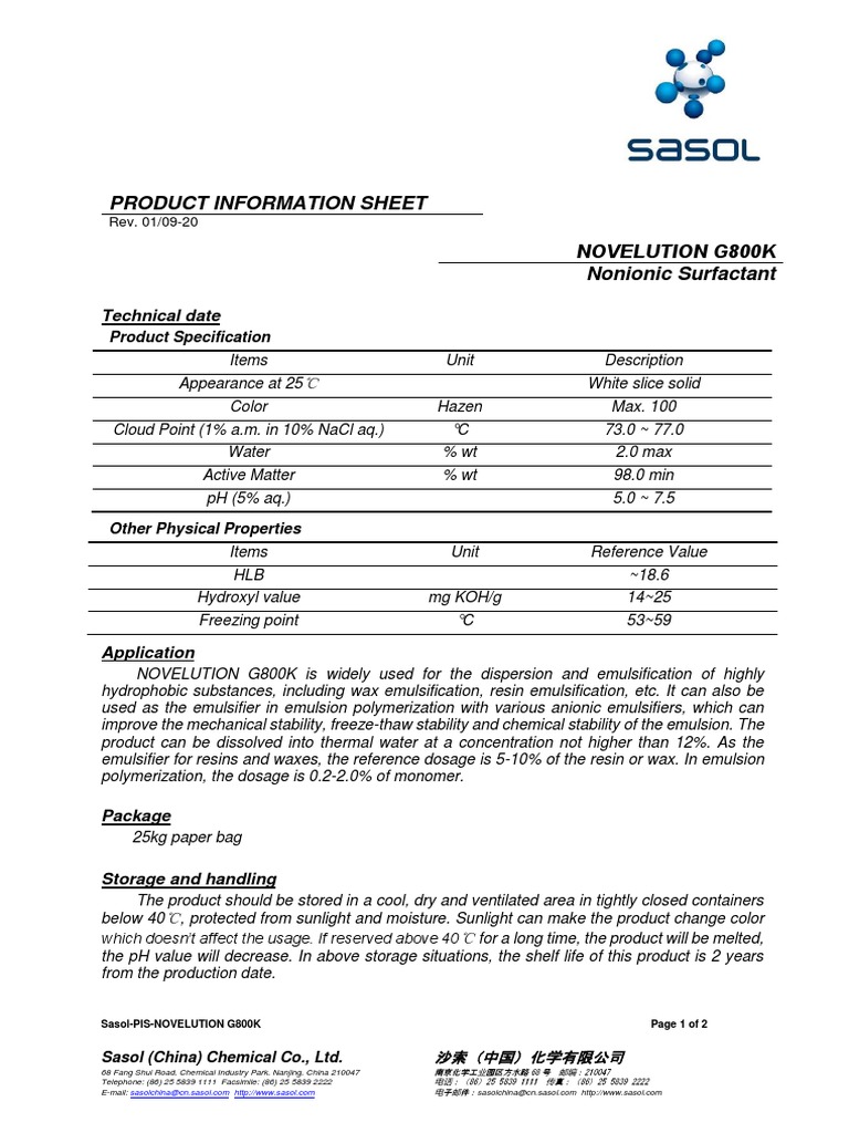 TDS Novelution G800K - Pis - 2019 (En) | PDF | Emulsion | Materials
