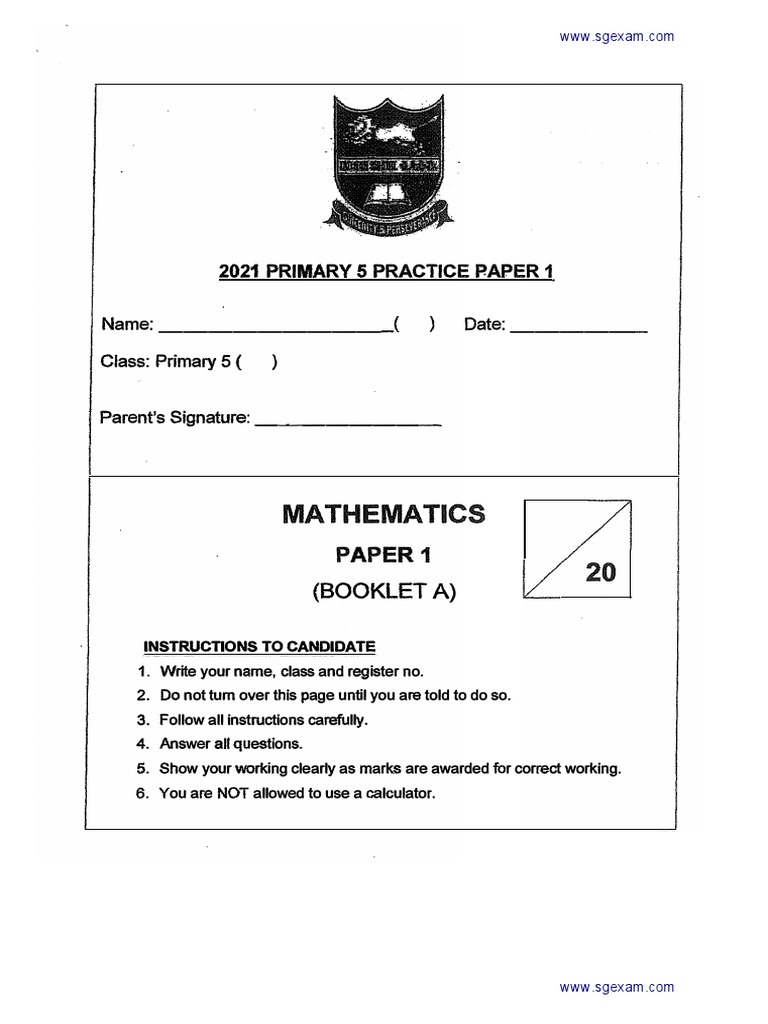 2021-P5-Maths-Practice Paper 1-Tao Nan | PDF