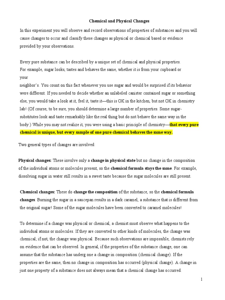 1 Physical and Chemical Changes | PDF | Chemical Substances | Molecules