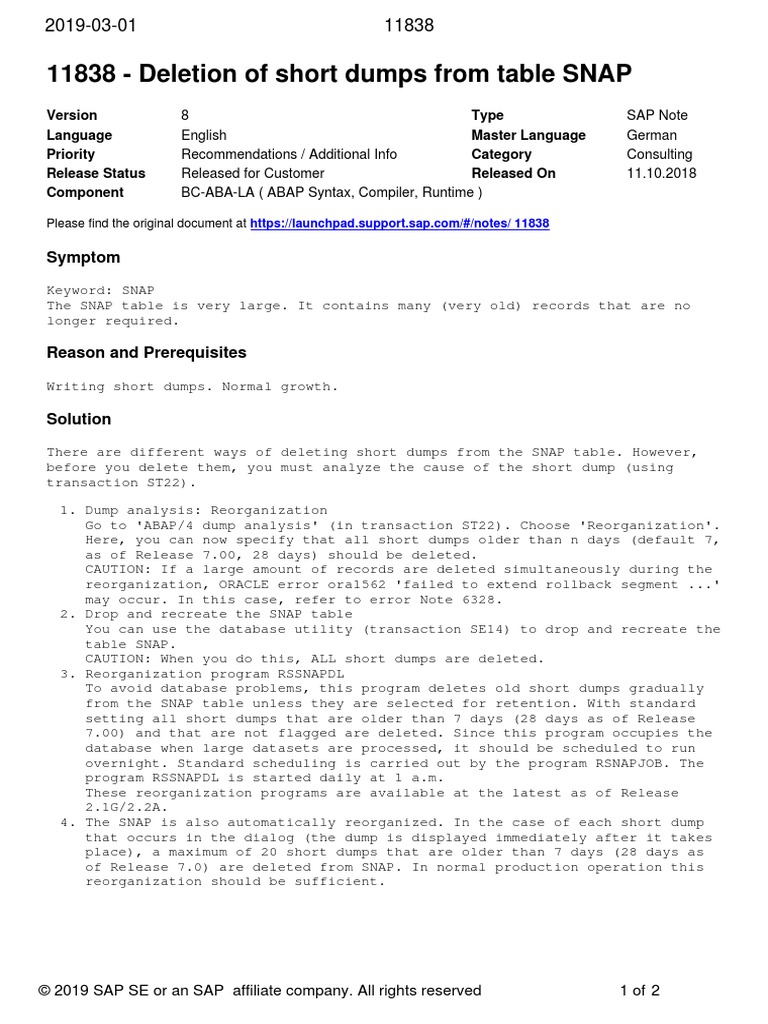 Deletion of Short Dumps From Table SNAP | PDF | Data Management | Software