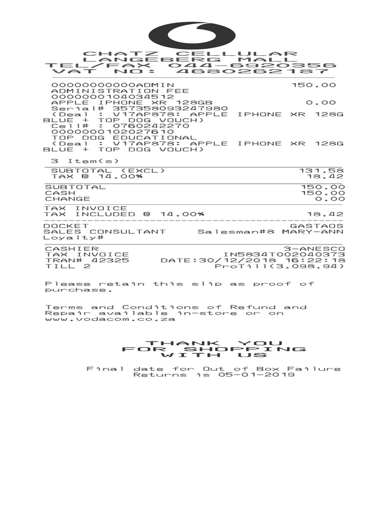 Vodacom iPhone XR Purchase Invoice | PDF