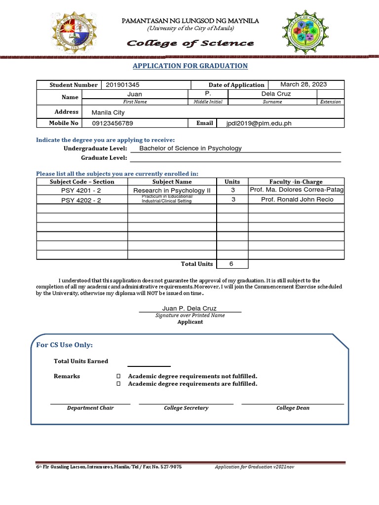 Dela Cruz - Application For Graduation v2021 | PDF | Academic Degree | Educational Stages