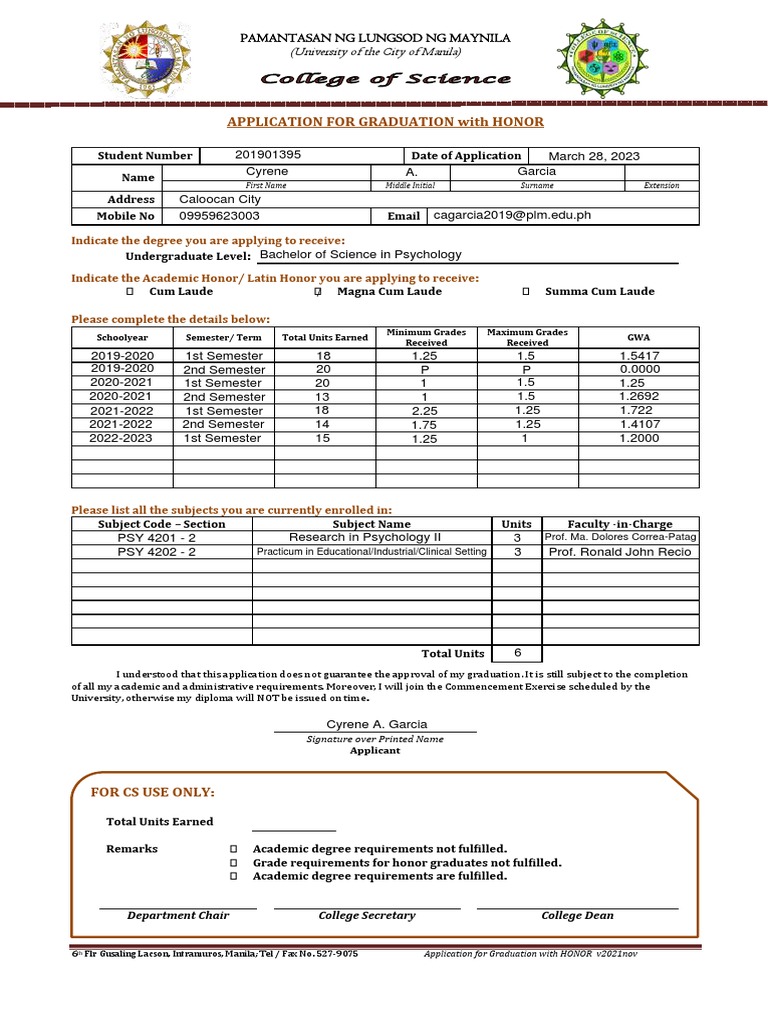 PLM Graduation with Honors Application | PDF | Vocational Education ...