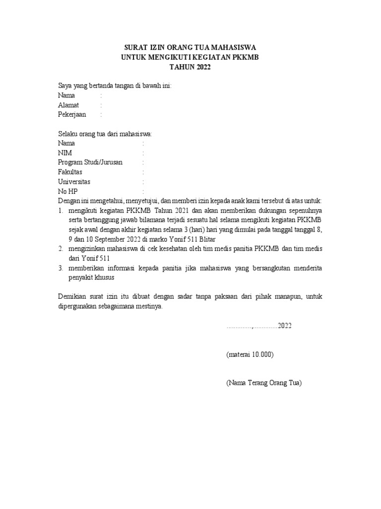 02_ Surat Izin Orang Tua Mahasiswa PKKMB 2022 | PDF