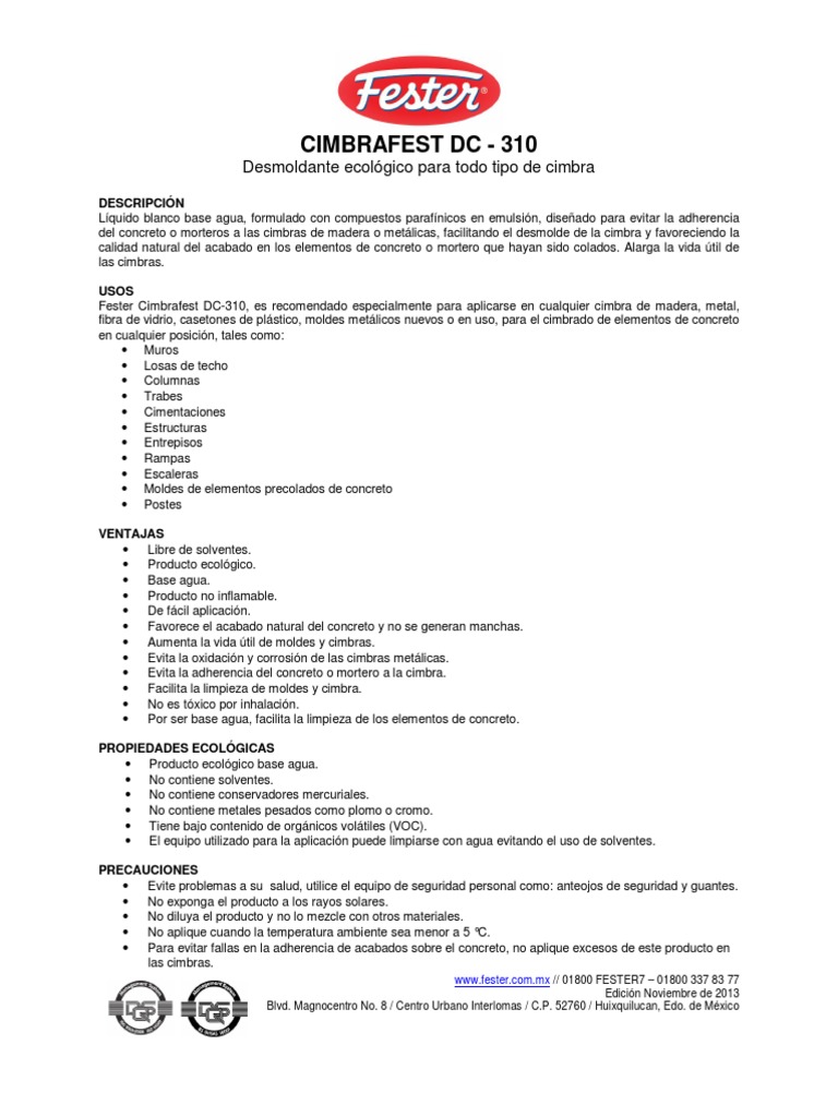 Cimbrafest DC - 310: Desmoldante Ecológico para Todo Tipo de Cimbra ...