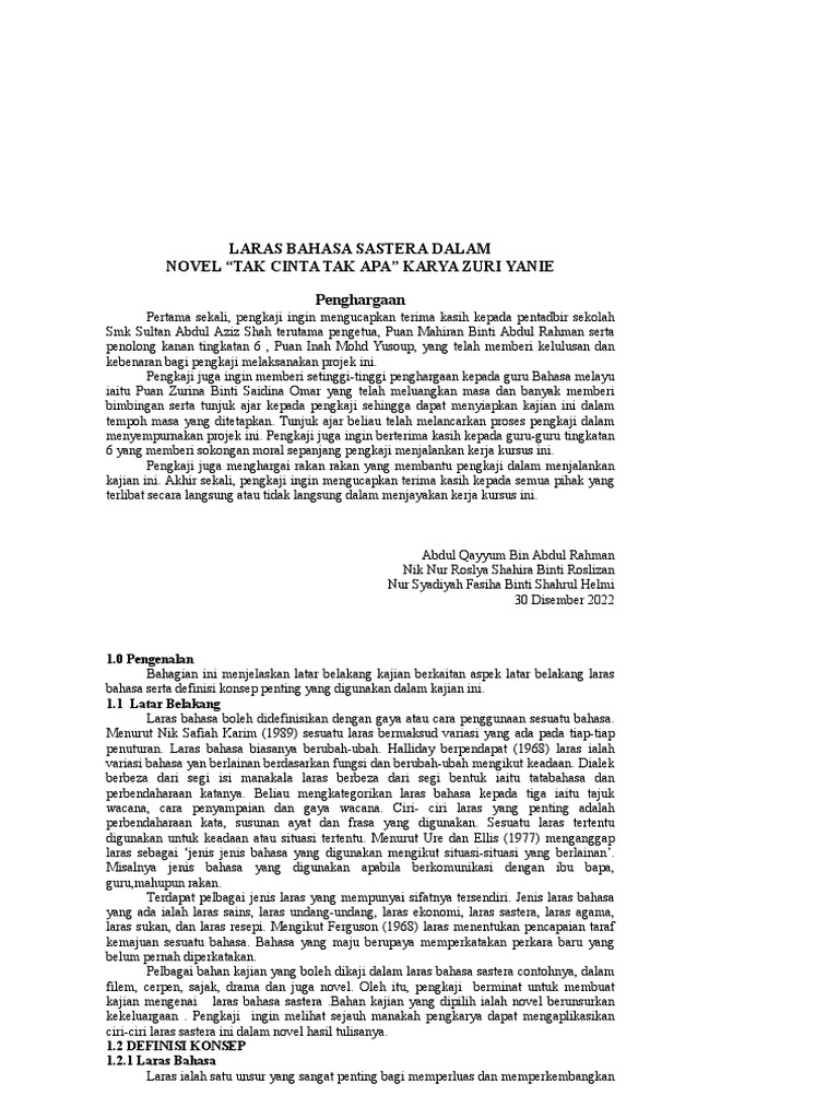 Laras Bahasa Sastera Dalam Novel "Tak Cinta Tak Apa" Karya Zuri Yanie Penghargaan | PDF