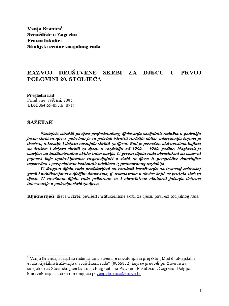 Razvoj Društvene Skrbi Za Djecu U Prvoj Polovini 20. Stoljeća | PDF