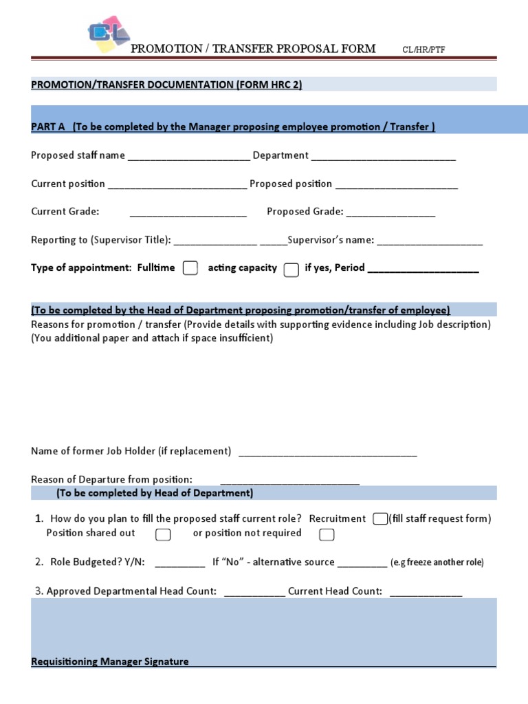 Promotion / Transfer Proposal Form: CL/HR/PTF | PDF