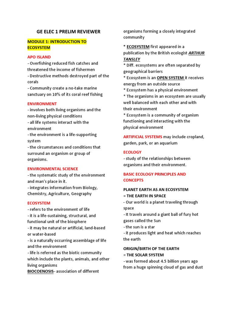 Ge Elec 1 Prelim Reviewer: Module 1: Introduction To Ecosystem ECOSYSTEM First Appeared in A ...