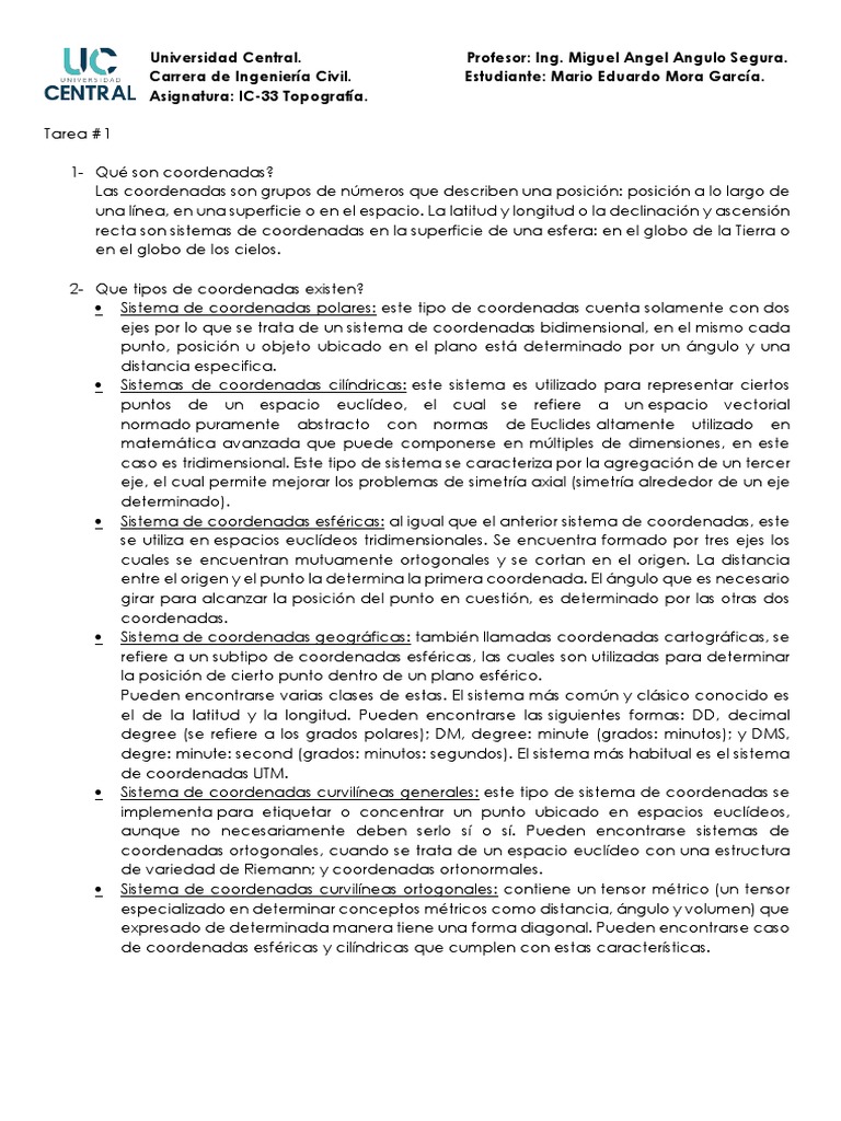 Tarea 1 Coordenadas | PDF | Sistema coordinado | Geometría
