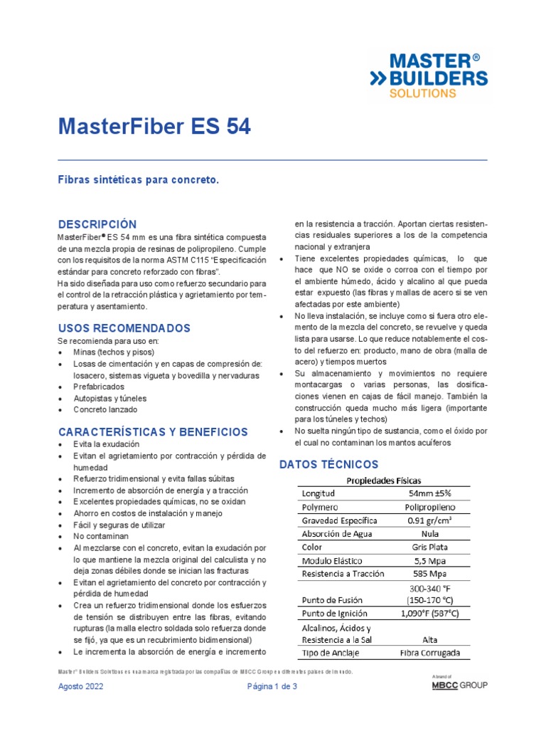 MasterFiber Es54 Ft. | PDF | Hormigón | Acero