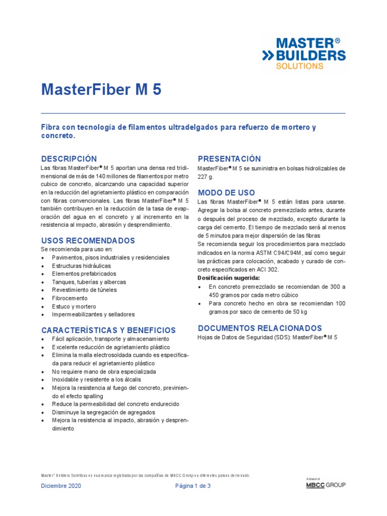 Masterfiber M 5 - FT | PDF | Hormigón | Materiales