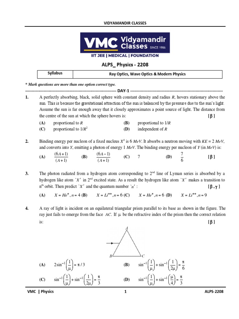 Physics Advanced Level Problem Solving (ALPS-8) - Paper | PDF | Atomic ...