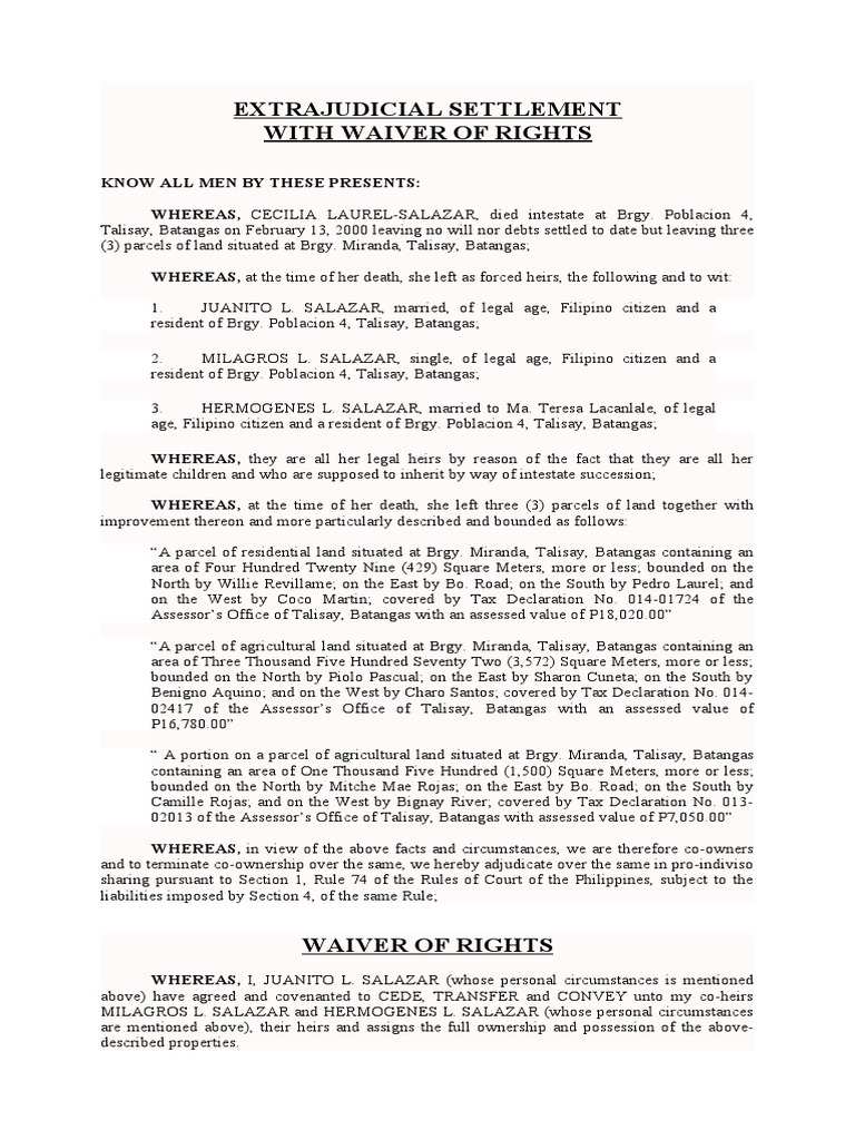 Extrajudicial Settlement With Waiver of Rights | PDF | Environmental Law | Real Property Law
