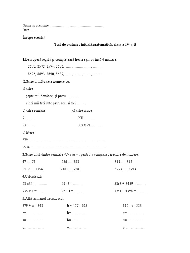Matematica-Evaluare Initiala | PDF